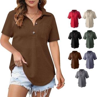 Generic Tunique Henley &agrave; manches courtes en tricot gaufr&eacute; pour femme, manches courtes, col en V, couleur unie, tunique d&eacute;contract&eacute;e 2025, caf&eacute;, XXL