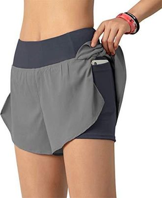 ORANDESIGNE Femme 2 en 1 Shorts de Running Short Pantalon de Jogging Gris M
