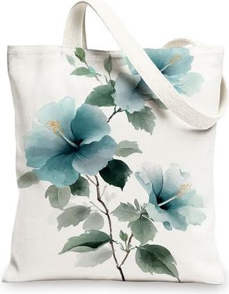 Generic Sac à provisions en toile florale élégant imprimé hibiscus réutilisable, moderne, léger, lavable pour la salle de sport, bleu, 13x15 Inch