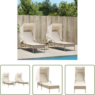 vidaXL Sonnenliege mit Dach - Sonnenliegen 2 Stk. mit Dach und Tisch Beige Poly Rattan