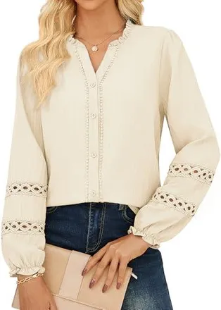 Grace Karin Chemisier &eacute;l&eacute;gant &agrave; col en V pour femme - D&eacute;contract&eacute; - Manches longues - Couleur unie - T-shirt &agrave; manches longues, cr&egrave;me, S