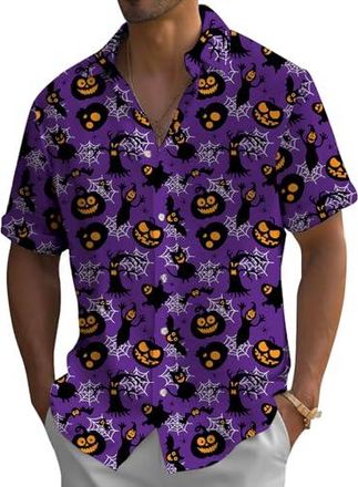 Generic Chemise hawa&iuml;enne &agrave; manches courtes pour homme - Chemise boutonn&eacute;e amusante pour Halloween - Hauts de vacances r&eacute;tro - V&ecirc;tements d&eacute;t&eacute; tendance, Hallow