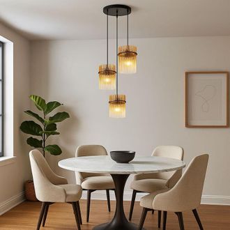 Globo Lighting Suspension &agrave; 3 flammes Lampe &agrave; suspendre ambre Barres en verre Lampe de salle &agrave; manger dor&eacute;e, m&eacute;tal, 3x douille E27, DxH 47x140 cm