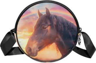 Generic Petit sac &agrave; bandouli&egrave;re rond rond pour femme, motif cheval arc-en-ciel, avec fermeture &eacute;clair, bretelles r&eacute;glables, style d&eacute;contract&eacute;