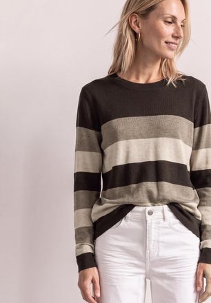 Street One Streifenpullover STREET ONE, Damen, Gr. 34, braun (schwarz coffee), Feinstrick, 71% Viskose, 29% Polyamid, gestreift, regular fit normal, Rundhals, B&uuml;