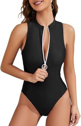 SHEKINI Maillot de bain une pièce sportif à fermeture éclair pour femme, col haut, rashguard sans manches, Noir, XL