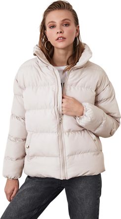 Trendyol Damen Trendyol Damen Oversize Puffer Plain Webstoff Winterjacke Coat, Grau, XS EU