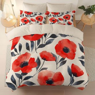 Generic Bettwäsche Set 135 x 200 cm mit 1 Kissenbezügen 80x80 cm, Ultraweicher Mikrofaser Einfache Blütenblätter Mohn mit Reißverschluss, für alle Jahreszeite