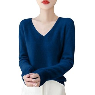 Generic Pull à col en V à manches longues pour femme - Couleur unie - Pull en tricot uni confortable - Col en V - Manches longues creuses - Chemises dautomne 