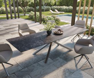 DELIFE Outdoortisch Edge 300x100 cm Keramik Laminam Nero Greco Anthrazit Kreuzgestell Rechteck Edelstahl, Esstische
