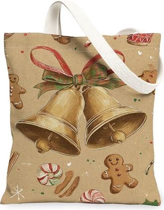 Generic Sac fourre-tout en toile avec cloches de No&euml;l, motif festif, r&eacute;utilisable, vintage, l&eacute;ger, lavable, bandouli&egrave;re en toile, marron, 13x15 Inch