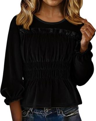 Generic Hauts en velours pour femme - Col rond - Manches longues bouffantes - Tunique &agrave; volants - Chemisier &eacute;l&eacute;gant et d&eacute;contract&eacute;, Noir, 3XL