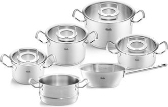 FISSLER Original-Profi Collection/Edelstahl-Kochtopfset, 6-teilig, T&ouml;pfe mit Glas-Deckel (3 Kocht&ouml;pfe,1 Bratentopf 1 Sauteuse-deckellos, 1 D&auml;mpf-Einsatz) - In