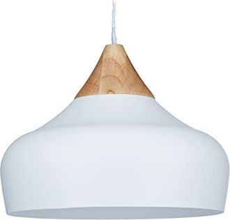 Relaxdays Hängelampe, Metall, Holz, HxD: 129 x 32 cm, moderne Pendelleuchte, E27-Fassung, Esszimmerlampe, weiß/natur