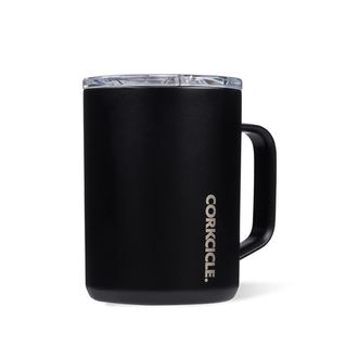 Corkcicle Sparkle Kaffeetasse, 473 ml, dreifach isoliert, Edelstahlbecher mit transparentem Deckel und Silikonboden, für heiße Getränke, Mattschwarz