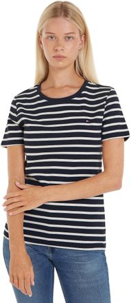 Tommy Hilfiger Damen T-Shirt Kurzarm Slim Cody Rib C-Neck Slim Fit, Mehrfarbig (Breton Desert Sky/Ecru), XS