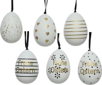 Decoris Ostereier zum Aufhängen 6cm x 6 Stück Plastik Schriftzug Blumen Streifen Muster weiß Gold schwarz