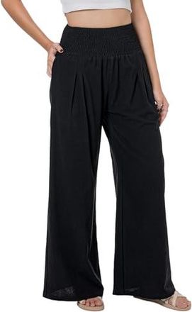 Lofbaz Femme Pantalon Large &Eacute;t&eacute; en Coton et Lin Fluide Palazzo Plage Taille Haute Boh&egrave;me Long Pantalon de Salon avec Poches Noir L
