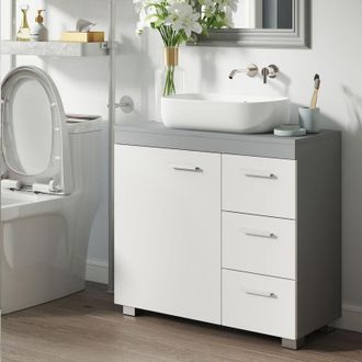 Vasagle Meuble sous lavabo, 3 Tiroirs Lat&eacute;raux, 2 Cases derri&egrave;re la Porte, avec Pieds, 30 x 70 x 64 cm, Blanc Nuage et Gris Tourterelle