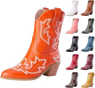 Generic Bottes de cowboy pour femme - Coupe large - &Agrave; enfiler - Confortables - Talon &eacute;pais - Style d&eacute;contract&eacute; et &eacute;l&eacute;gant - Style western brod&eacute; - Chaussures d