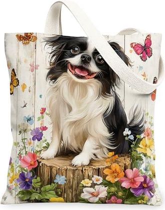 Generic Sac fourre-tout en toile motif chien japonais pour faire du shopping, 33 x 38,1 cm, sac d&eacute;picerie r&eacute;utilisable en tissu &agrave; bandouli&egrave;re pour femme, pein