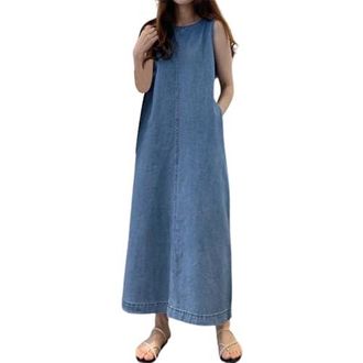 Generic Robe d&eacute;t&eacute; longue sans manches en jean pour femme avec poche, col rond, coupe ample, style boh&egrave;me, BU1, 4XL