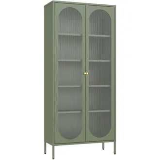Happy Garden Armoire en m&eacute;tal vert kaki et verre 180cm YASMINE