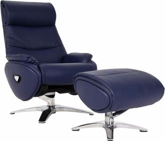 Hhg Relaxsessel mit Hocker HHG 334, Fernsehsessel Sessel, Liegefunktion drehbar, Metall Echtleder/Kunstleder blau