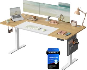Songmics H&ouml;henverstellbarer Schreibtisch elektrisch, 160 x 70 cm, stufenlos verstellbar, Memory-Funktion mit 4 H&ouml;hen, natureichenfarben-mattwei&szlig; LSD026N01