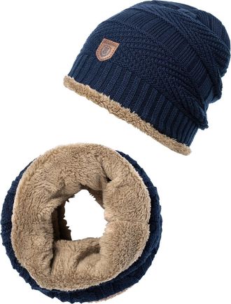 Indicode Unisex Siracusa Winter-Set M&uuml;tze & Schal | Strick Winterm&uuml;tze Winterschal Navy, One Size