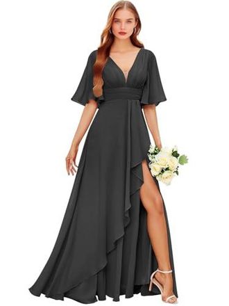 Generic Robe de demoiselle dhonneur en mousseline de soie à manches courtes et col en V pour femme - Robe de soirée formelle longue - Robe de demoiselle dhonn