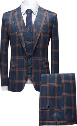 Generic Costume 3 pièces à carreaux pour homme - Blazer à un bouton - Smoking formel - Simple boutonnage, noir foncé, 4XL