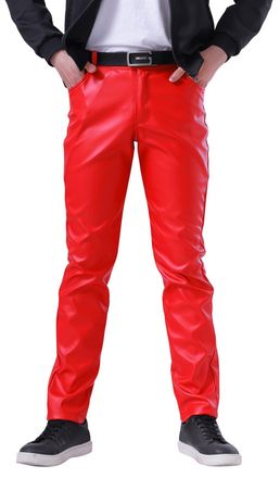 Feoya Herren Kunstleder Hosen Slim Fit Stretch Hose aus PU Leder mit Taschen Faux Lederhose Herren Lederjeans Lang Bikerhose Rot 36 Bleistifthose Enge Hose 