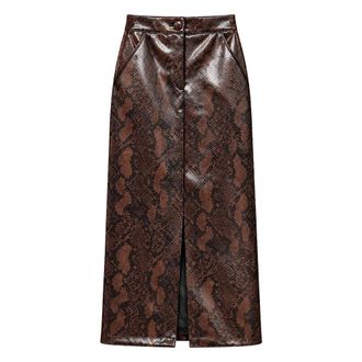 Actualee Langen Leder-Optik Schlangenprint Rock - - Skirts - Damen - Braun - S