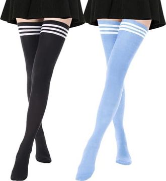 Dreshow 2 Paires Femme Coton Extra Longues Chaussettes Hautes de Cuisse Montantes Chaussettes de Genoux para Sport Cosplay