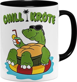 OM3 Coole Chill Kröte Schildkröte Tasse mit lustigem Spruch Wortspiel - Keramik Becher - 325ml - Beidseitig Bedruckt - Schwarz