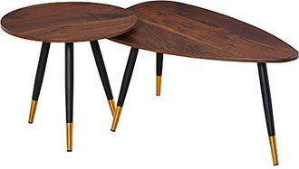 HOMCOM Lot de 2 Tables Basses gigognes Style Art d&eacute;co Pieds effil&eacute;s inclin&eacute;s m&eacute;tal Noir extr&eacute;mit&eacute;s dor&eacute; Plateaux MDF Aspect Teck fonc&eacute;