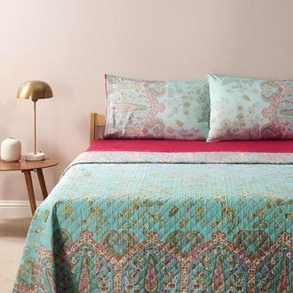 Bassetti Granfoulard Tagesdecke gesteppt Indian Roses Türkis 265 x 255 cm - 100% Baumwolle - Frühling Sommer