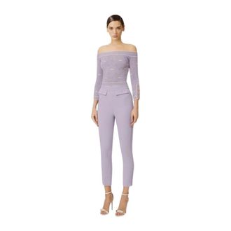 Elisabetta Franchi Femme, Pantalons, Violet, Taille: 40 FR Pantalon Cropped en Cr&ecirc;pe Stretch Double &Eacute;paisseur