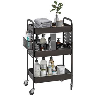 HOMCOM Servierwagen mit 3 Ebenen K&uuml;chenwagen mit Rollen Griff Rollwagen mit Haken, 2 H&auml;ngek&ouml;rbe K&uuml;chenregal K&uuml;chenrollwagen f&uuml;r K&uuml;che B&uuml;ro Badezimmer, Schwar