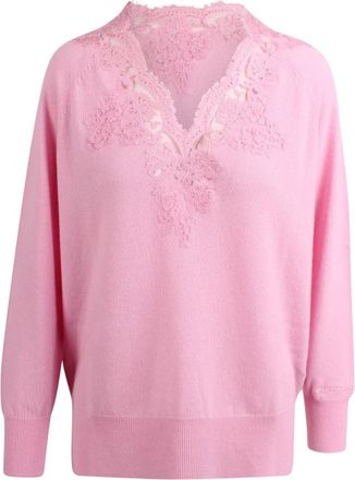 Ermanno Scervino Femme, Pulls, Rose, Taille: 40 FR Pull Col V avec Broderie en Dentelle