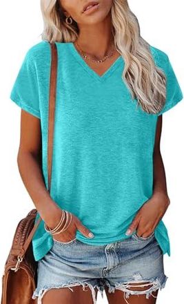 Generic T-shirt dété pour femme - Grandes tailles - Décontracté - Couleur unie - Col en V - Manches courtes - Coton - Élégant - Basique - T-shirt de sport pou