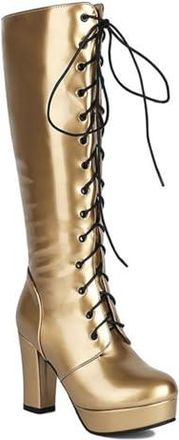 Generic Bottes déquitation montantes en cuir PU verni pour femme avec lacets, plateforme et talon haut, chaussures gothiques tendance avec fermeture éclair, d