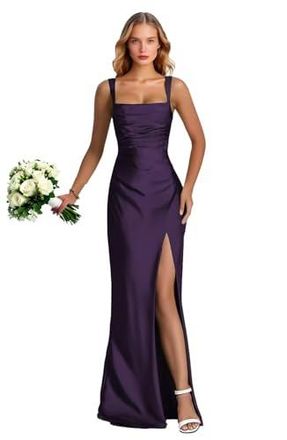 Generic Robe de demoiselle dhonneur en satin pour femme - Robe de bal sir&egrave;ne - Bretelles spaghetti - Corset long pliss&eacute; - Robe de soir&eacute;e formelle avec fente, 
