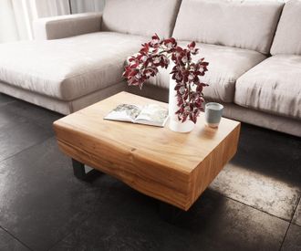 DELIFE Couchtisch New Live-Edge 80x60 cm Akazie Natur 2 Schubladen Kufe Metall Schwarz, Couchtische, Baumkantenm&ouml;bel, Massivholzm&ouml;bel, Massivholz