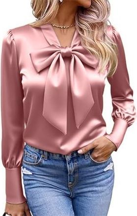 Generic Tunique &eacute;l&eacute;gante en satin de soie avec noeud papillon pour femme - Col rond - Manches longues - Style d&eacute;contract&eacute; et l&eacute;ger - Tenue formelle d&eacute;contract