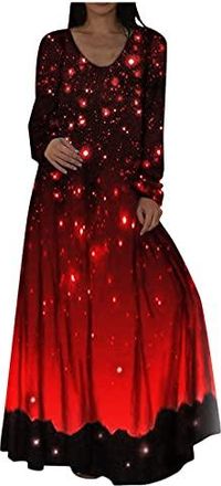 Generic Robes boh&egrave;me 2026 pour femmes, col en V, robe boh&egrave;me imprim&eacute;e, manches longues, grande taille, Rouge, S