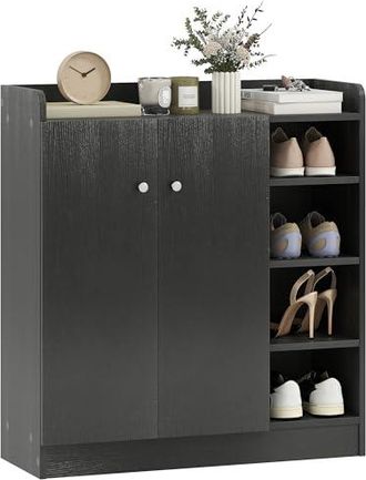 HOMCOM Meuble de Rangement &agrave; Chaussures pour entr&eacute;e 12 Paires - Armoire &agrave; Chaussures avec 4 Compartiments Ouverts et Placard Double Porte - &eacute;tag&egrave;re r&eacute;glable 