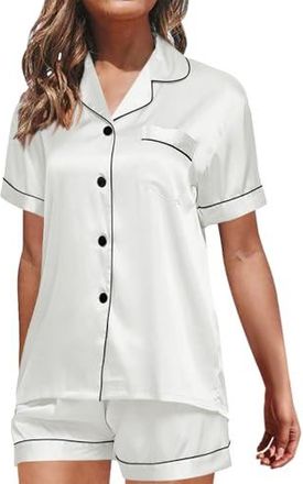 Generic Pyjama Femme Ensemble Court en Satin Sexy : Loungewear Femmes Ensemble &Eacute;t&eacute; avec Boutonni&egrave;re Manches Courtes Pyjama Shorts Soie Ensemble Pyjama Couleur