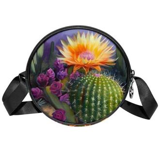 Generic Petit sac &agrave; bandouli&egrave;re rond pour femme, motif fleurs de cactus avec fermeture &eacute;clair, bretelles r&eacute;glables, sac &agrave; main rond d&eacute;contract&eacute; pour femmes et